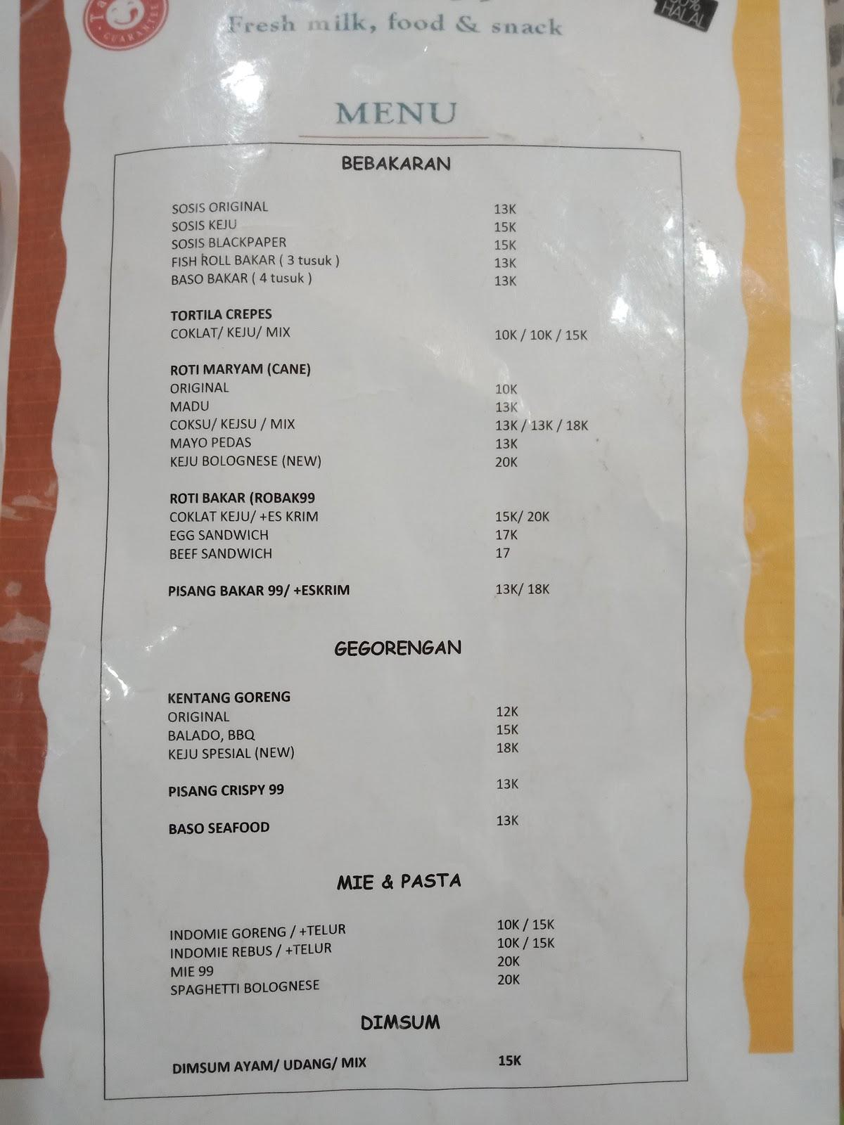 Menu at Susu 99 - Bakmi Bakso Klangenan cafe, Bekasi Regency