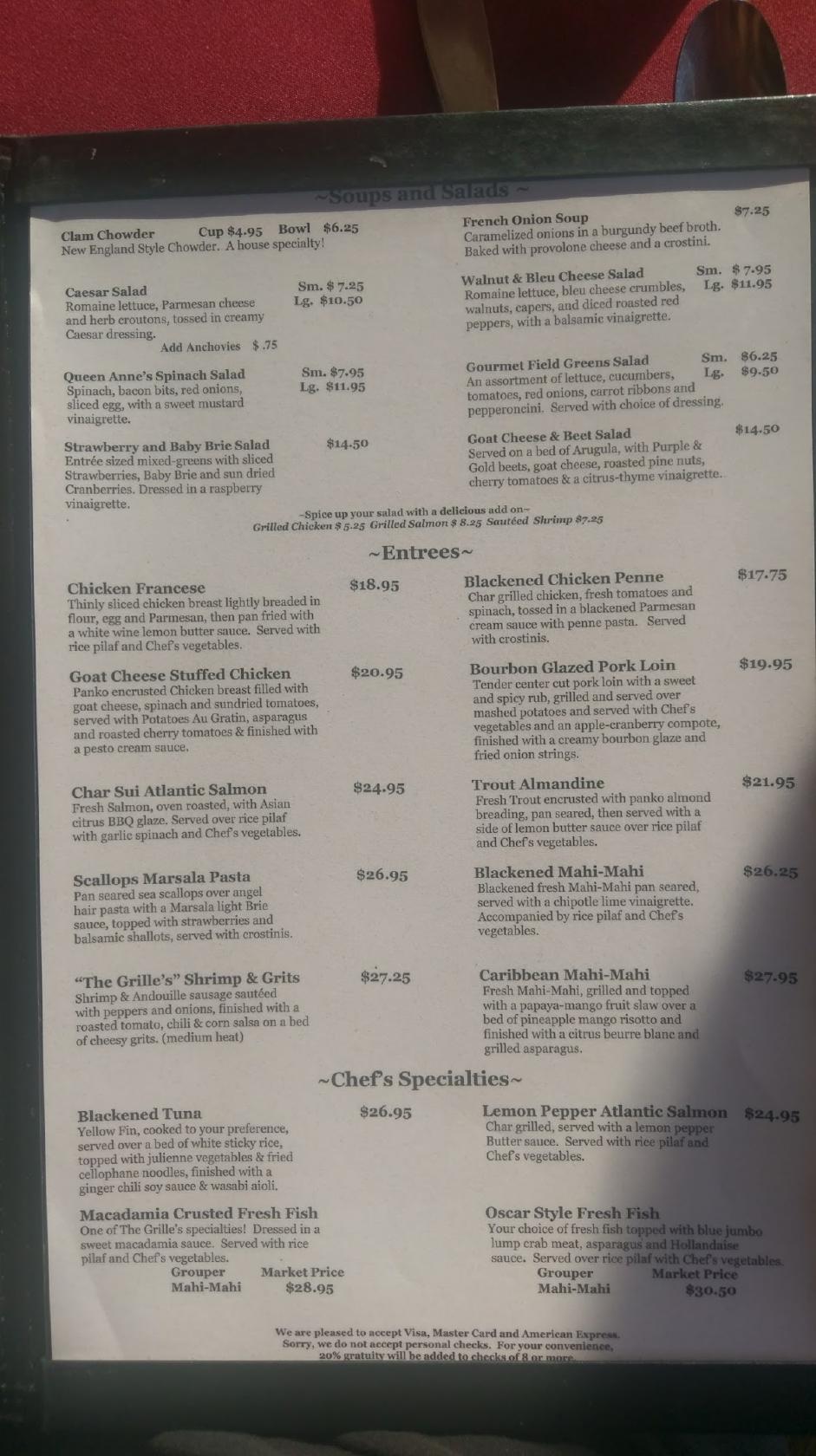 Menu at The Grille At Riverview steakhouse, New Smyrna Beach