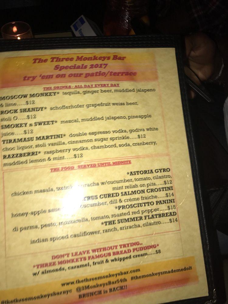 Menu at The Three Monkeys pub & bar, West New York