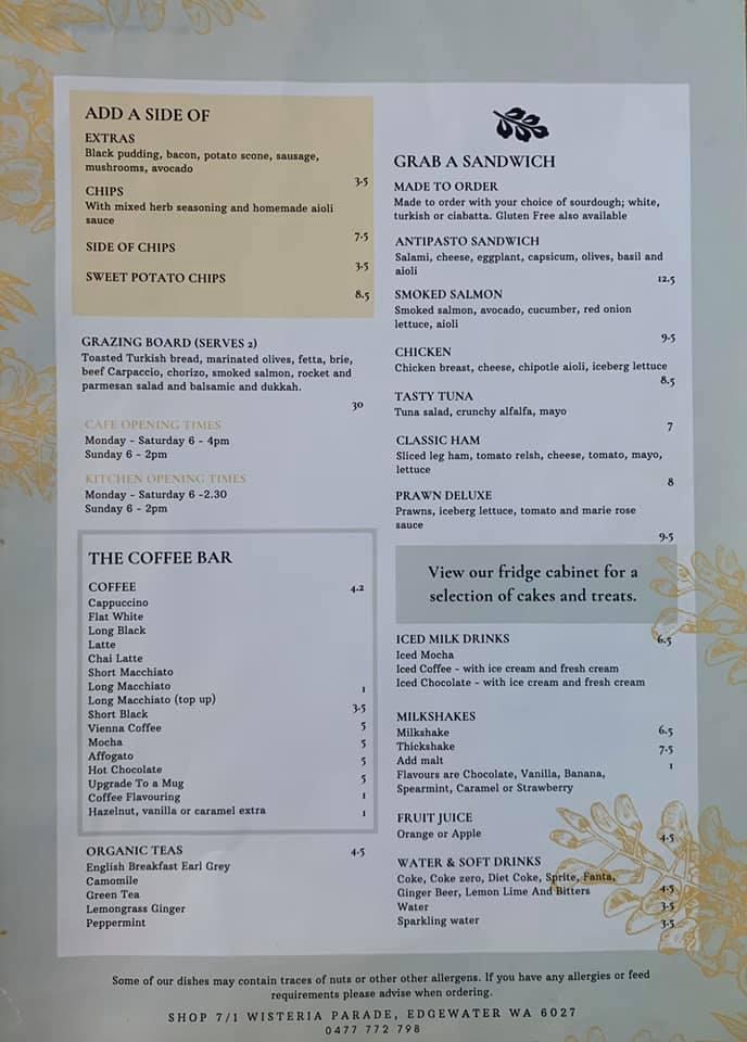 Menu at Wisteria's Edge cafe, Edgewater