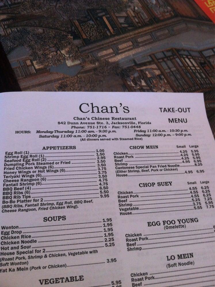 Menu at Chan's Chinese Restaurant, Jacksonville, 842 Dunn Ave #3