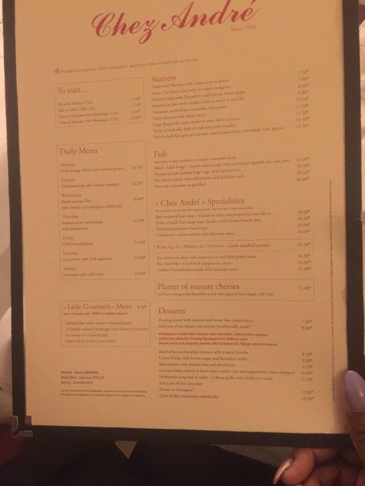 Menu at Chez André restaurant, Paris, 12 Rue Marbeuf