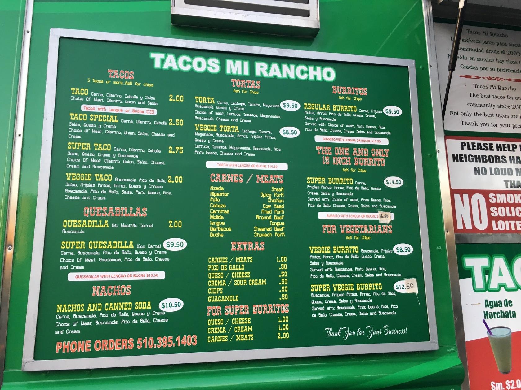 Menu at Tacos Mi Rancho restaurant, Oakland, 1st Ave