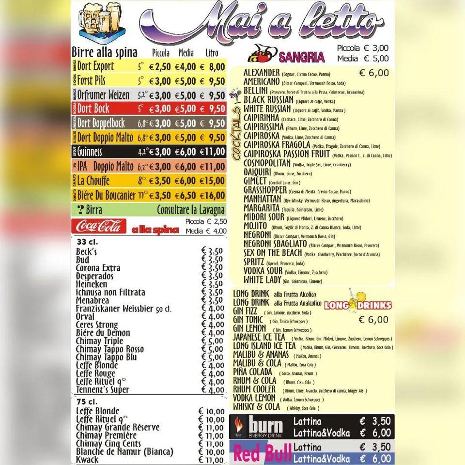 Menu da Mai a letto pub & bar, Loano