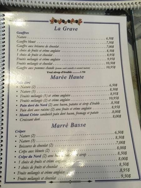 Menu au Chez Jacquie et France restaurant, Montréal