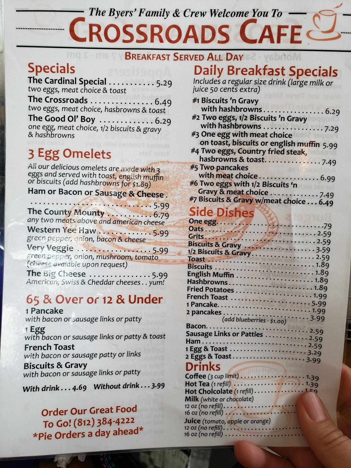 Menu at Cross Roads cafe, Bloomfield
