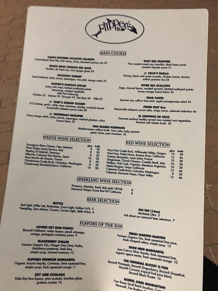 Menu at Flippers restaurant, Fort Myers Beach