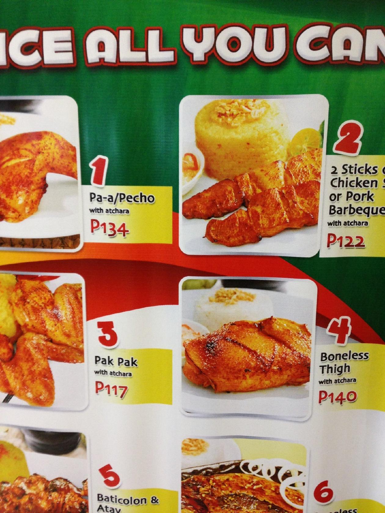Menu at Inasal Chicken Bacolod restaurant, Manila, UG
