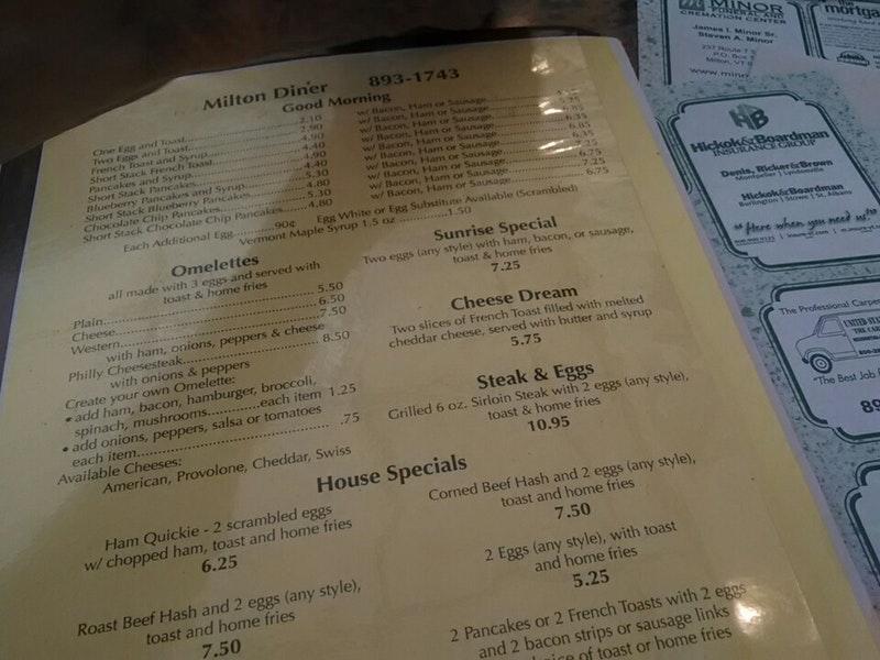 Menu at The Milton Diner restaurant, Milton, 514 US-7
