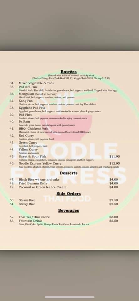 Menu at Noodle Express restaurant, Fresno