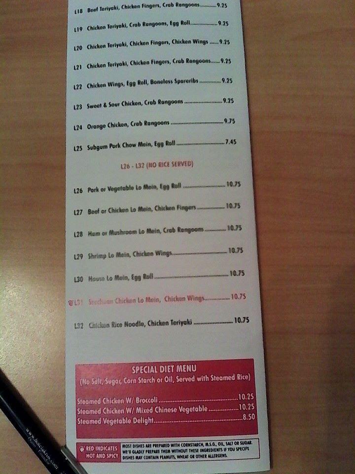 Menu at Pak Lee restaurant, Skowhegan