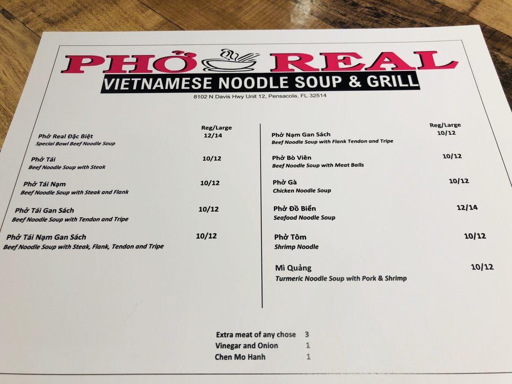 Menu at Phở Real restaurant, Pensacola