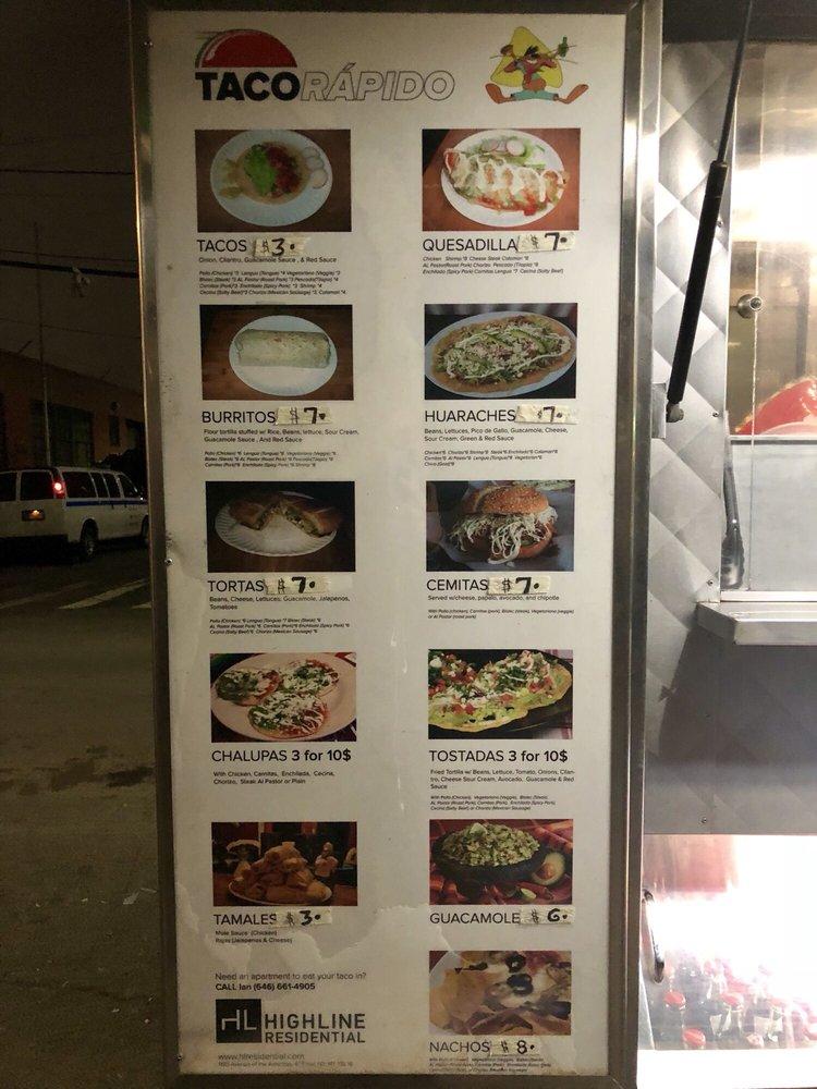 Menu at Taco Rapido restaurant, New York City, 72 Bogart St