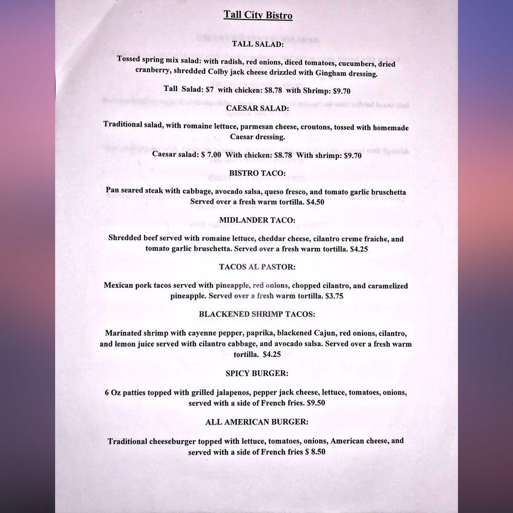 Menu at Tall City Bistro restaurant, Midland