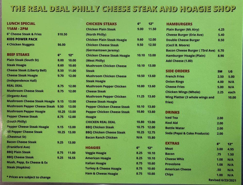 Menu at The Real Deal Philly Cheesesteak &hoagie shop restaurant ...