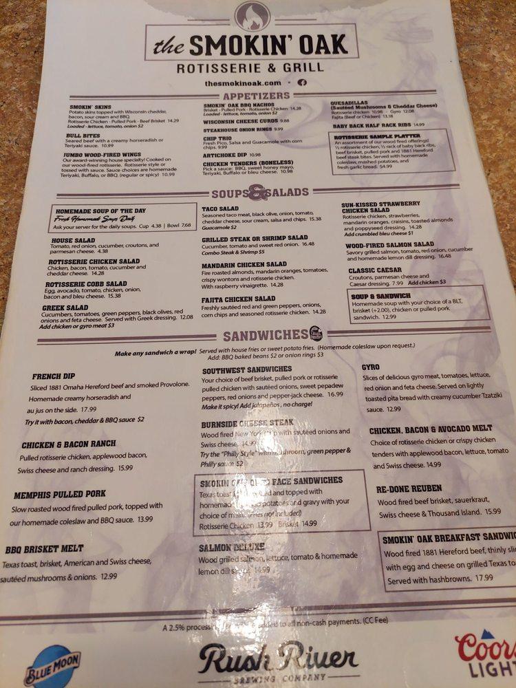 Menu at The Smokin' Oak Rotisserie & Grill restaurant, Red Wing
