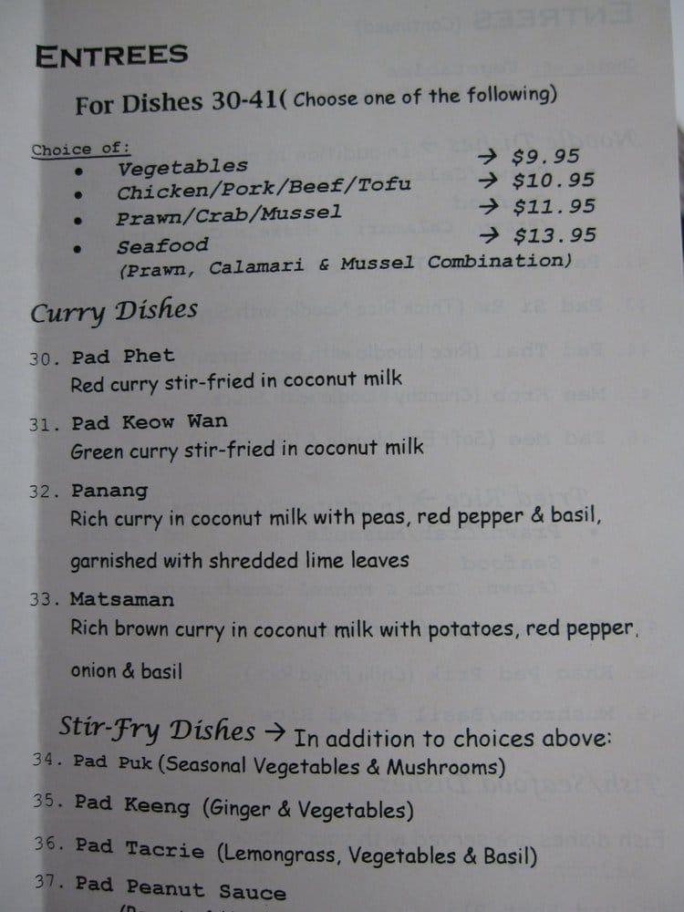 Menu at Thida's Thai Restaurant, Winnipeg