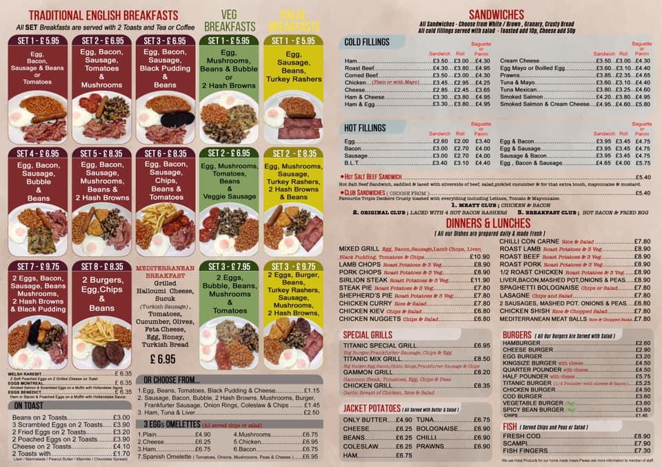 Menu at Titanic Cafe Ilford, Ilford, 124 Cranbrook Rd