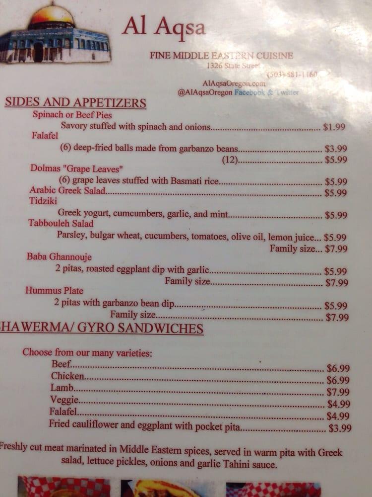 Menu at Al Aqsa restaurant, Salem