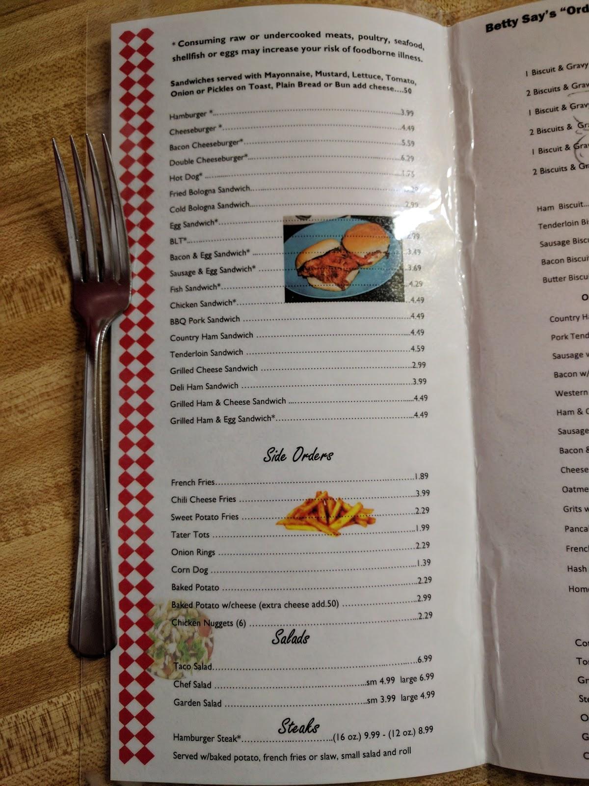 Menu at Betty's Stockyard Cafe, Kingsport