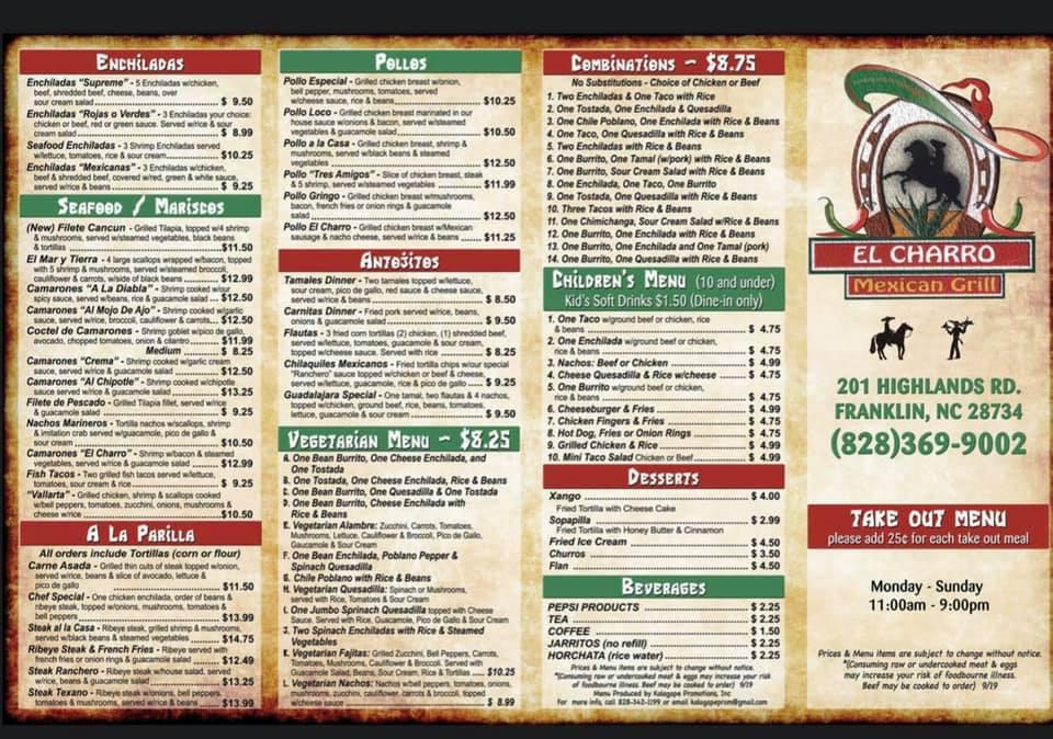 Menu at El Charro Mexican Grill restaurant, Franklin
