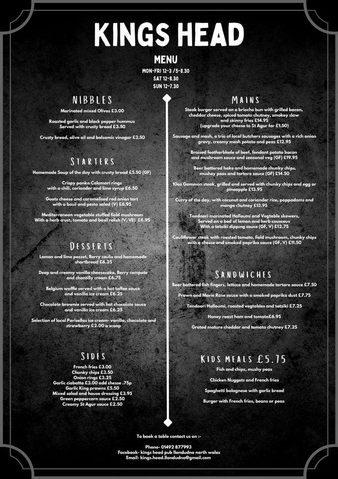Menu at Kings Head pub & bar, Llandudno