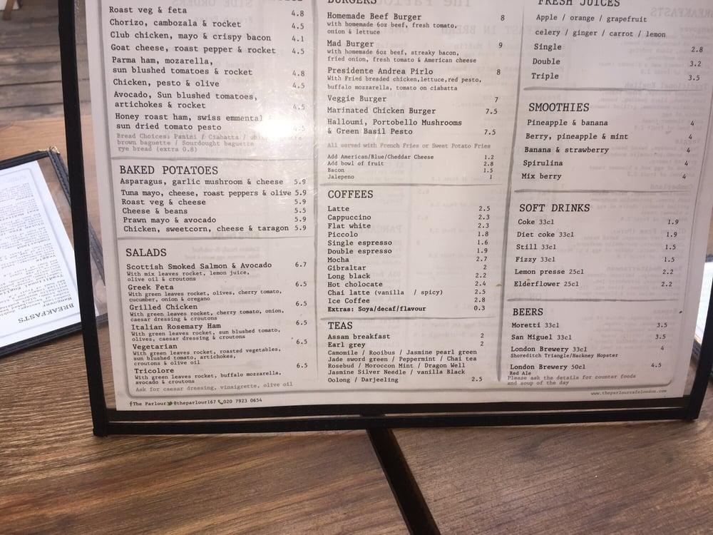 Menu at The Parlour pub & bar, London, 167 Stoke Newington Church St
