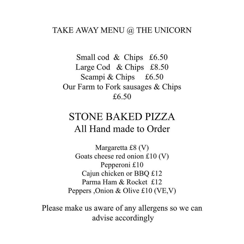 Menu at UNICORN INN DEDDINGTON pub & bar, Adderbury