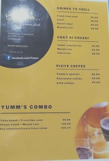 Menu at Yumm, Kolkata