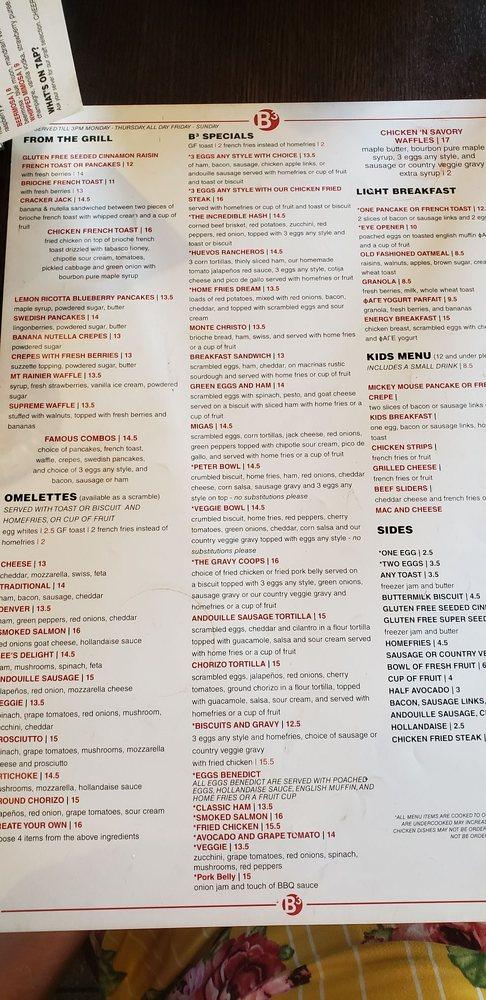 Menu at B3 Breakfast & Burger Bar, Lynnwood