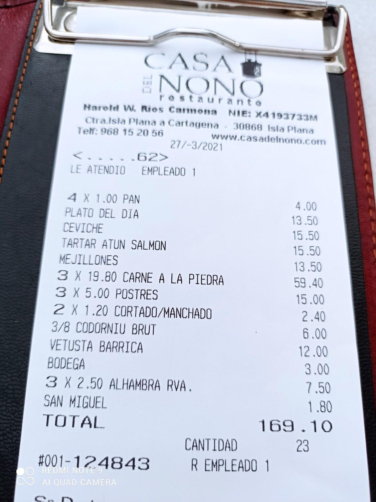 Carta de Restaurante Casa Del Nono, Isla Plana, Pasaje los Agueras