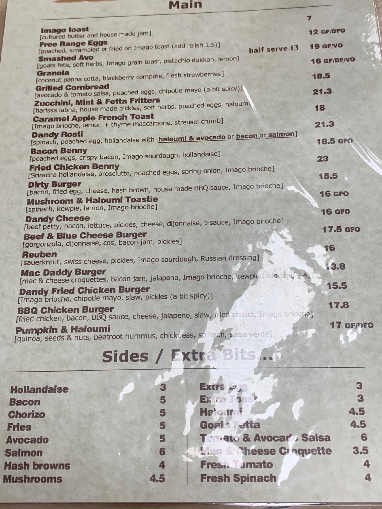 Menu at Dandy Lane Cafe, Hobart