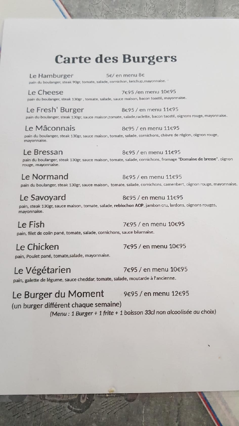 Menu au Le fresh'burger restaurant, Mâcon