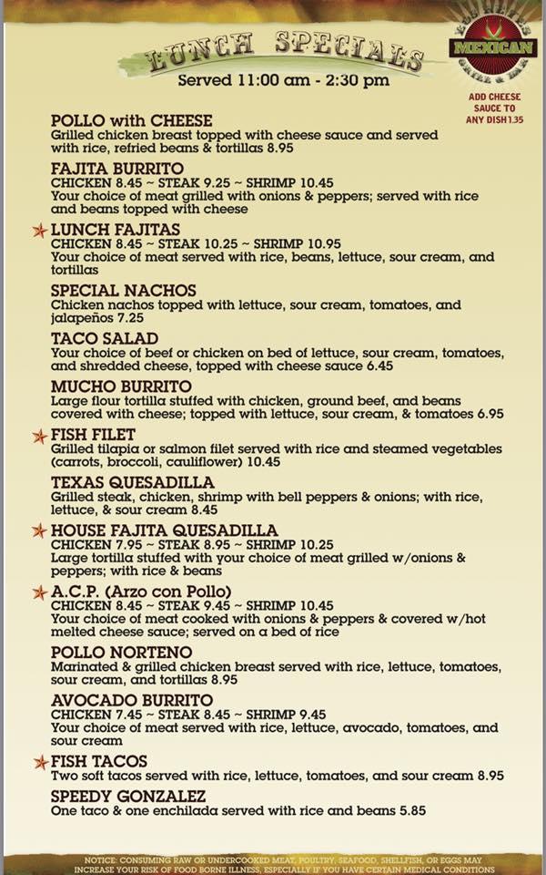 Menu at Los Reyes restaurant, Columbia