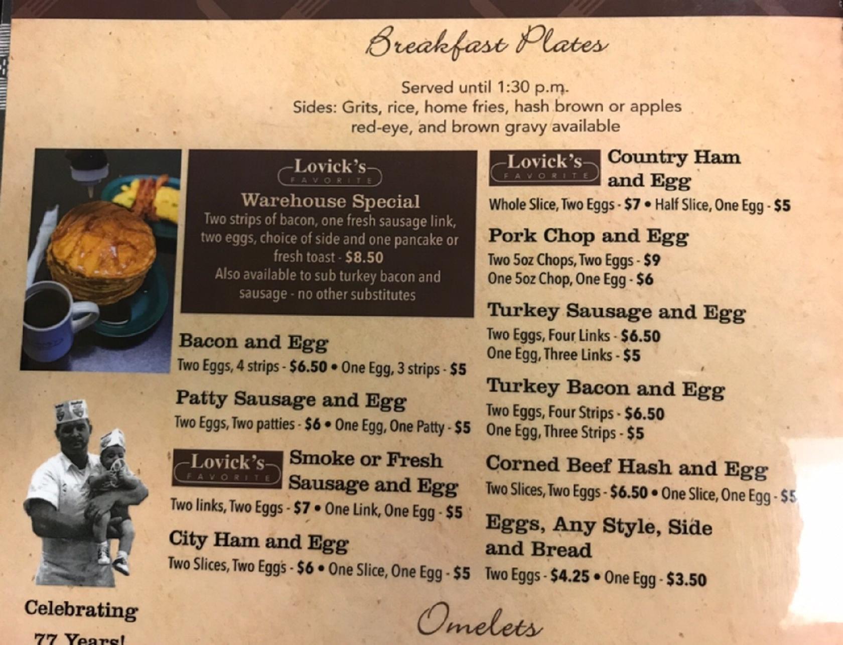 Menu at Lovick's Cafe, Kinston