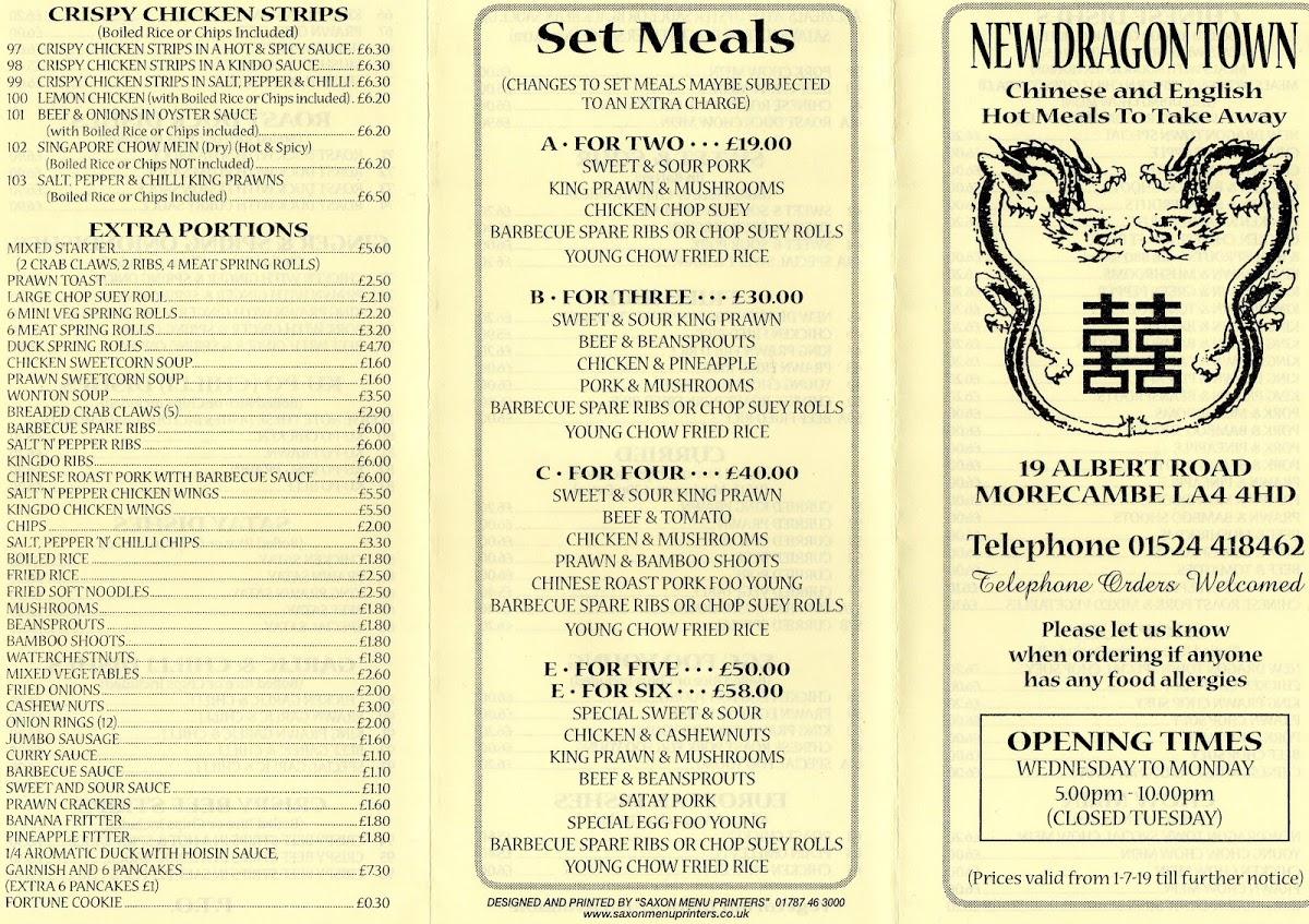 Menu at New Dragon Town fast food, Morecambe