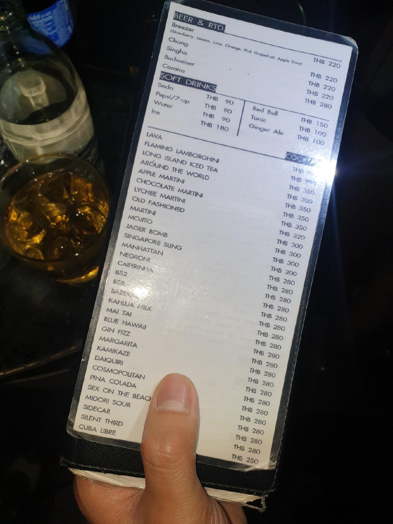 Menu at Onyx Bangkok club, Bangkok