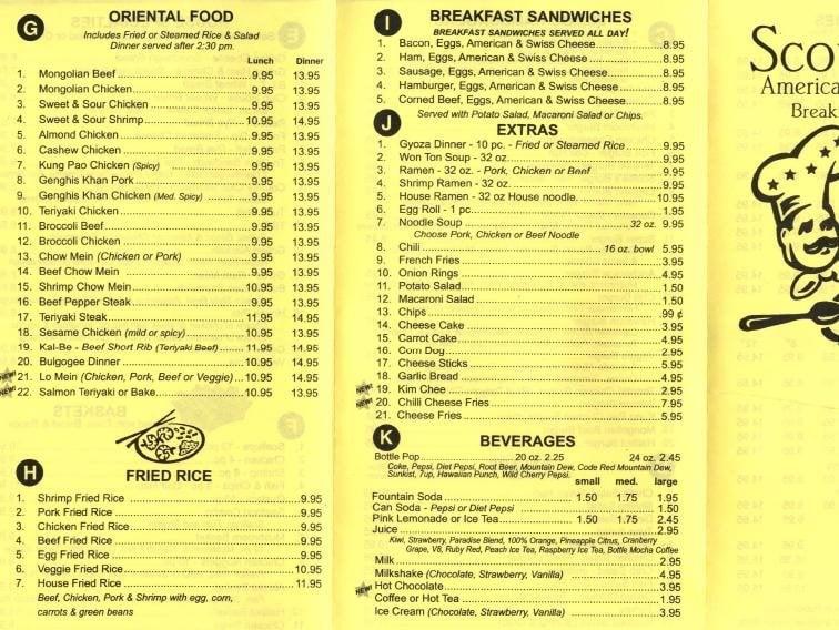 Menu at Scottie's Sub Shop fast food, Anchorage