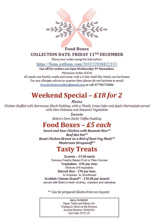 Menu at Brunton Hall Bistro cafe, Musselburgh
