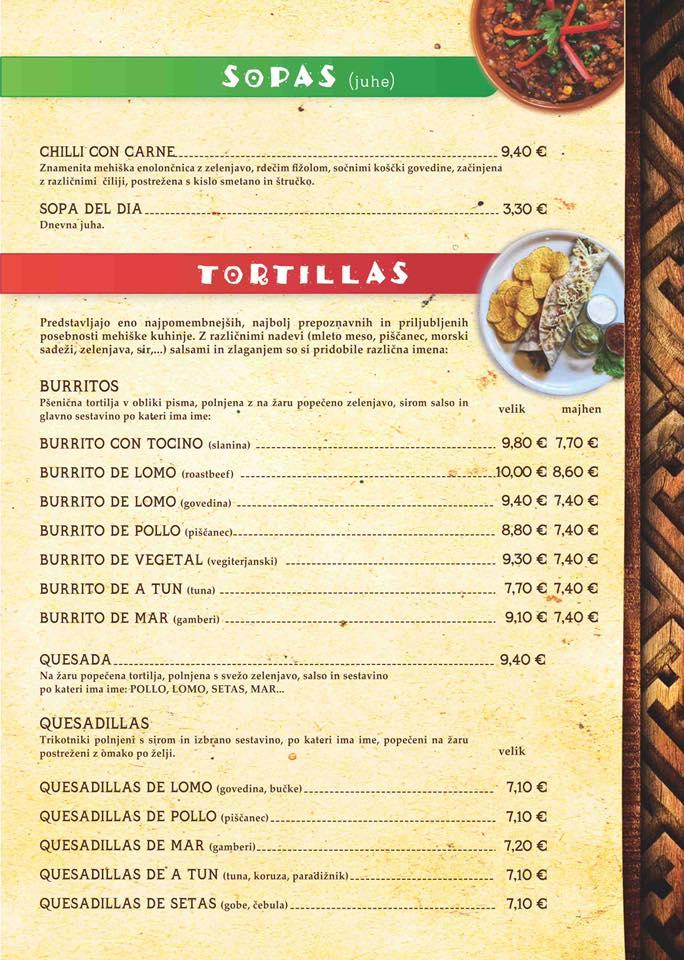 Menu da El restaurante Mexico, Kranj