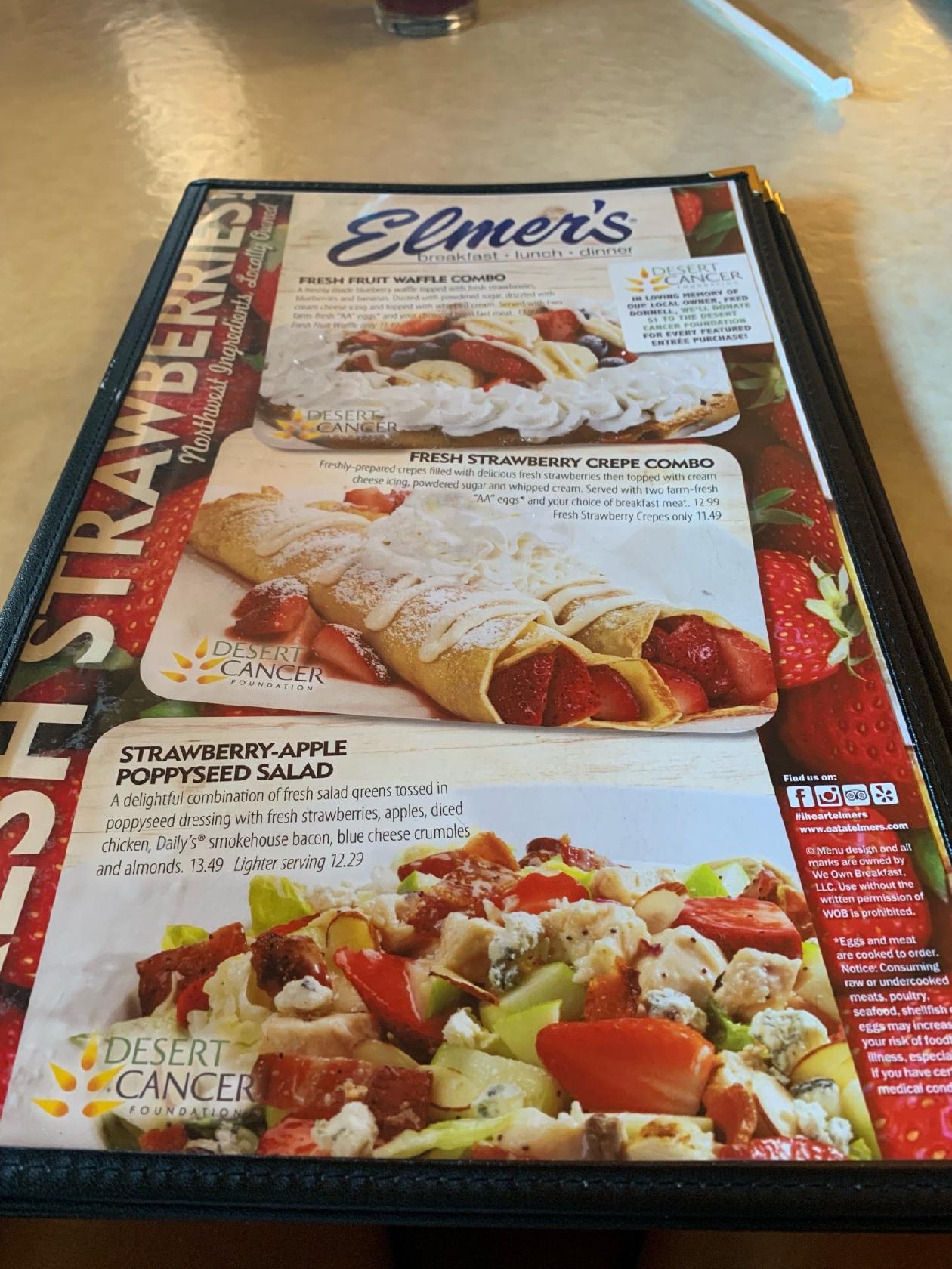 Menu at Elmer's Restaurant (Palm Springs, CA), Palm Springs