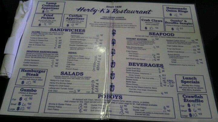Menu at Herby-K's restaurant, Shreveport