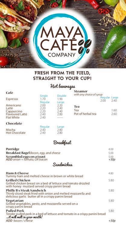 Menu at Maya Cafe, Newry, 12A Monaghan St