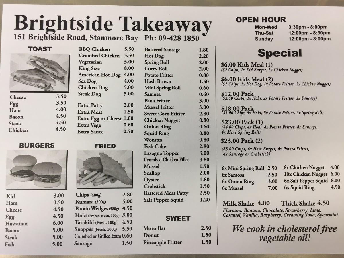 Menu at Brightside Takeaways fast food, Auckland