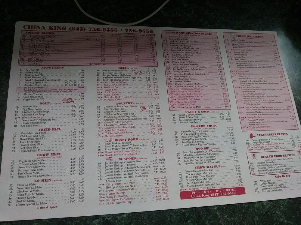 Menu at China King restaurant, Loris