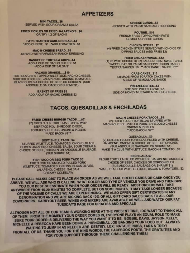 Menu at Fat Tuesday's pub & bar, Dubuque