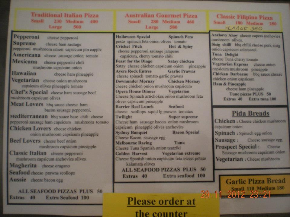 Menu at House of Pizza restaurant, Cebu City