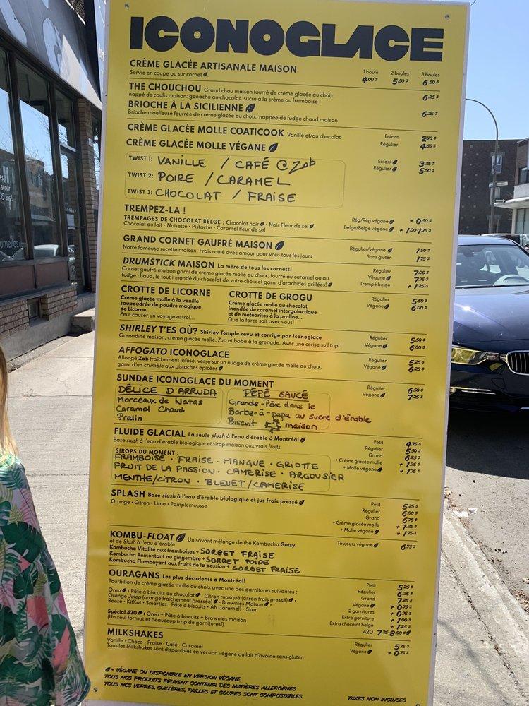Menu at ICONOGLACE restaurant, Montréal, Rue Bélanger