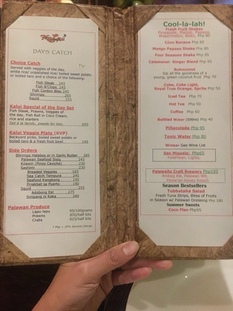 Menu at Kalui Seafood Restaurant, Puerto Princesa, 369 Rizal Avenue