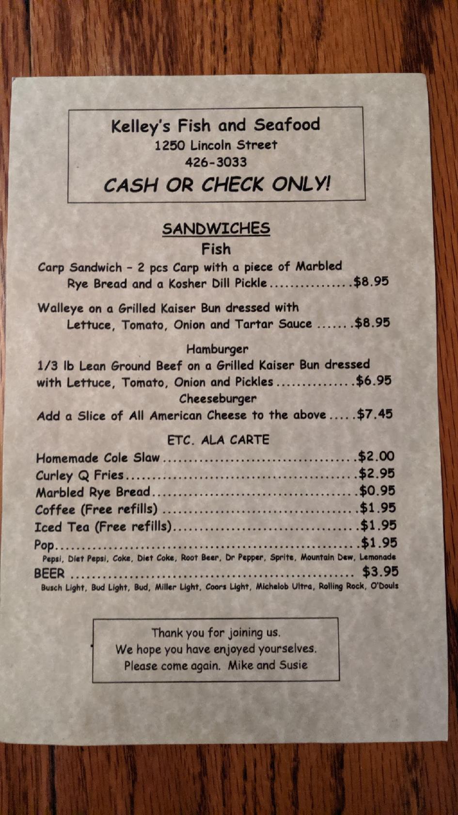 Menu at Kelley's Fish & Seafood restaurant, Blair